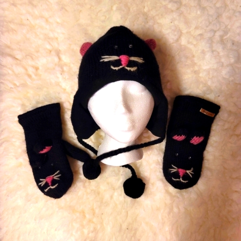 Womens Kitten Hat And Mitten Set - Gem